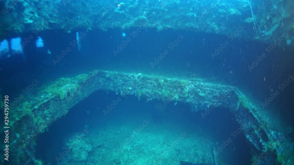 Dive in wreck during wreck-diving on underwater submarine world of ...