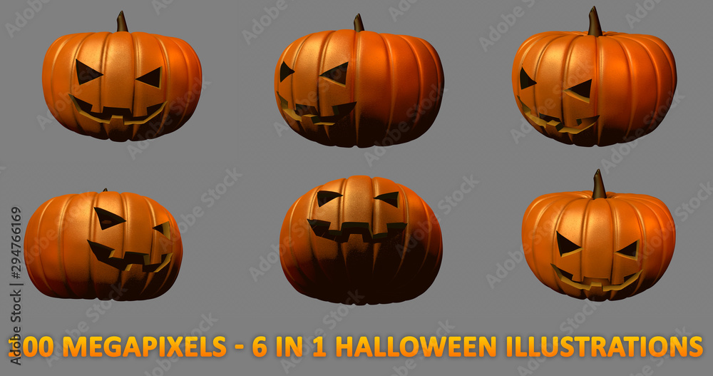 jack-o-lantern carved on Halloween pumpkins - 6 detailed isolated ...