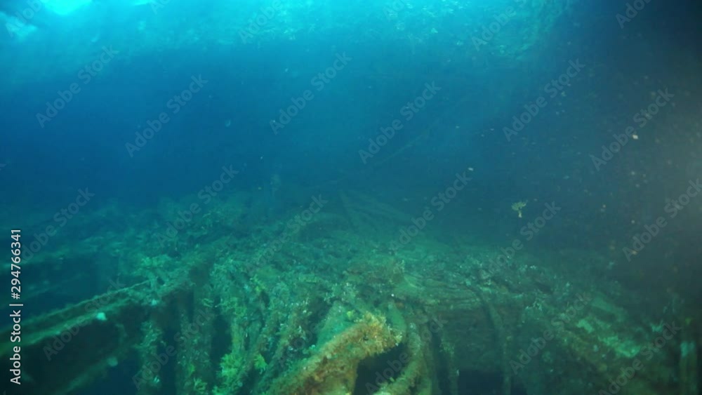 Ship wreck on underwater submarine world of ships from World War II as ...