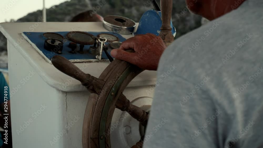 Vídeo do Stock: Captain Turning Steering Wheel Floating Boat.Close Up ...