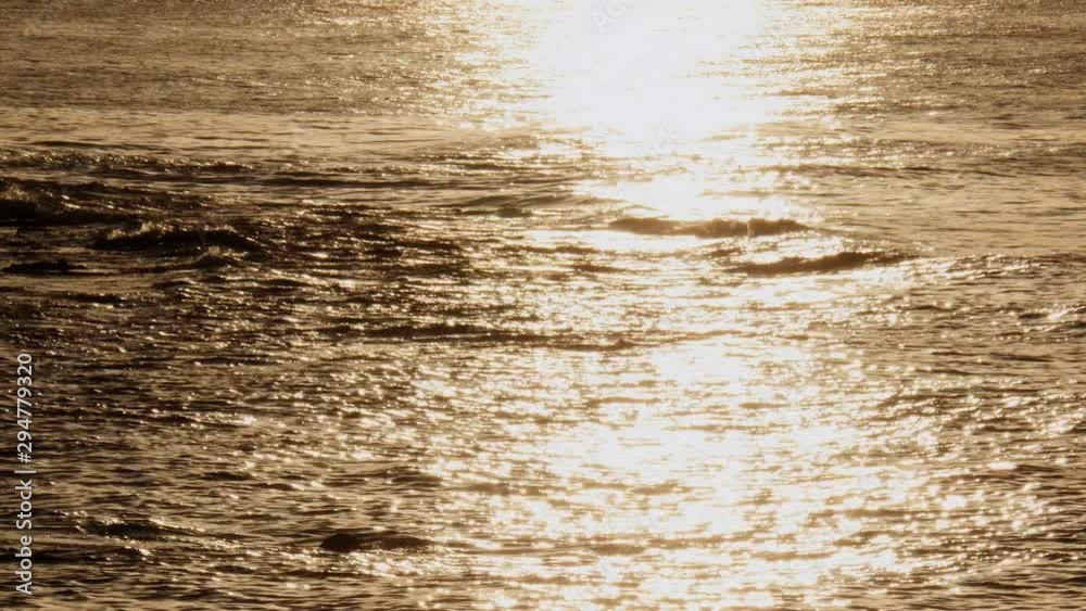 Golden glisten of sunlight reflects on the sunset sea surface ...
