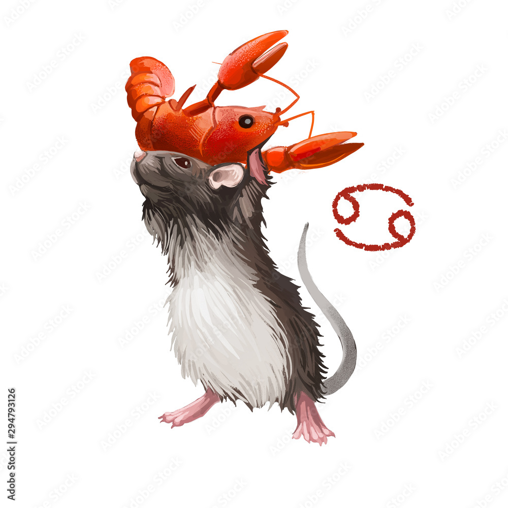 Cancer creative digital illustration of astrological sign. Rat or mouse ...