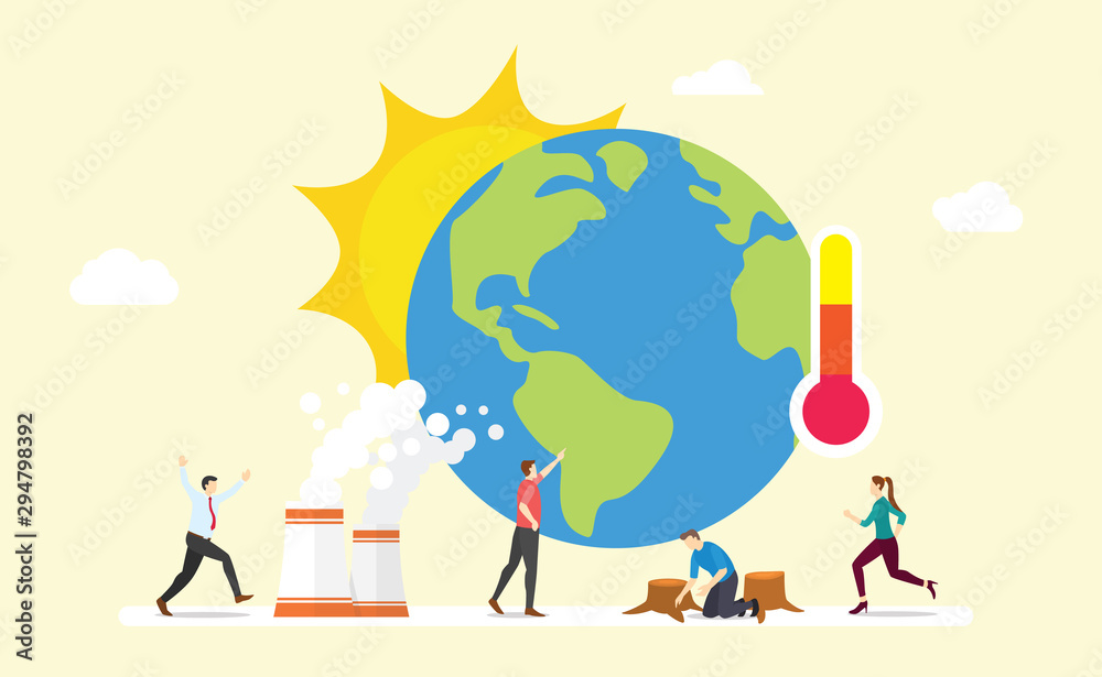 global warming earth concept with sun and thermometer with team people ...