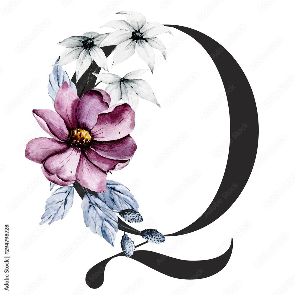 Letter q with watercolor flowers and leaves. Floral alphabet, monogram ...