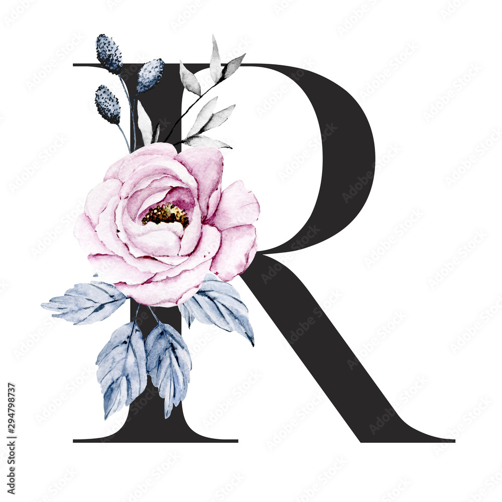 Letter r with watercolor flowers and leaves. Floral alphabet, monogram ...