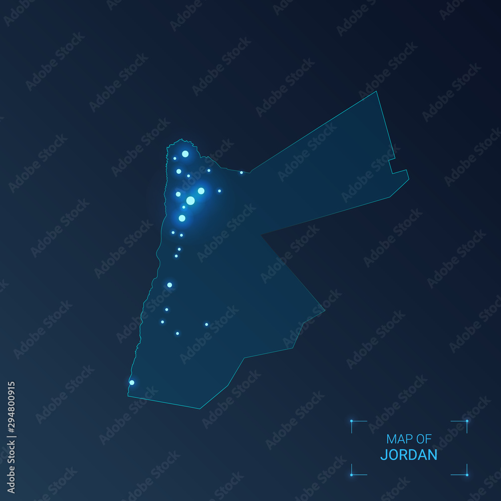 Jordan map with cities. Luminous dots - neon lights on dark background ...