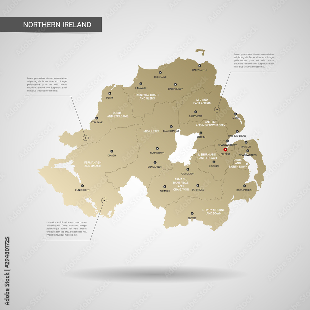Stylized vector Northern Ireland map. Infographic 3d gold map ...