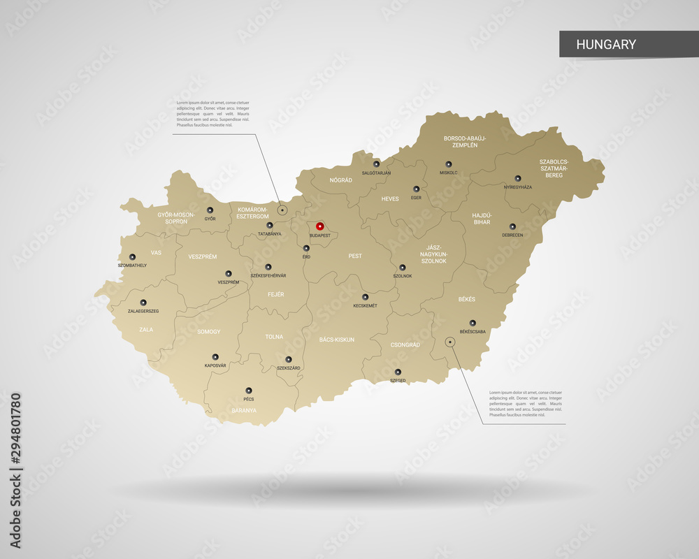 Stylized vector Hungary map. Infographic 3d gold map illustration with ...
