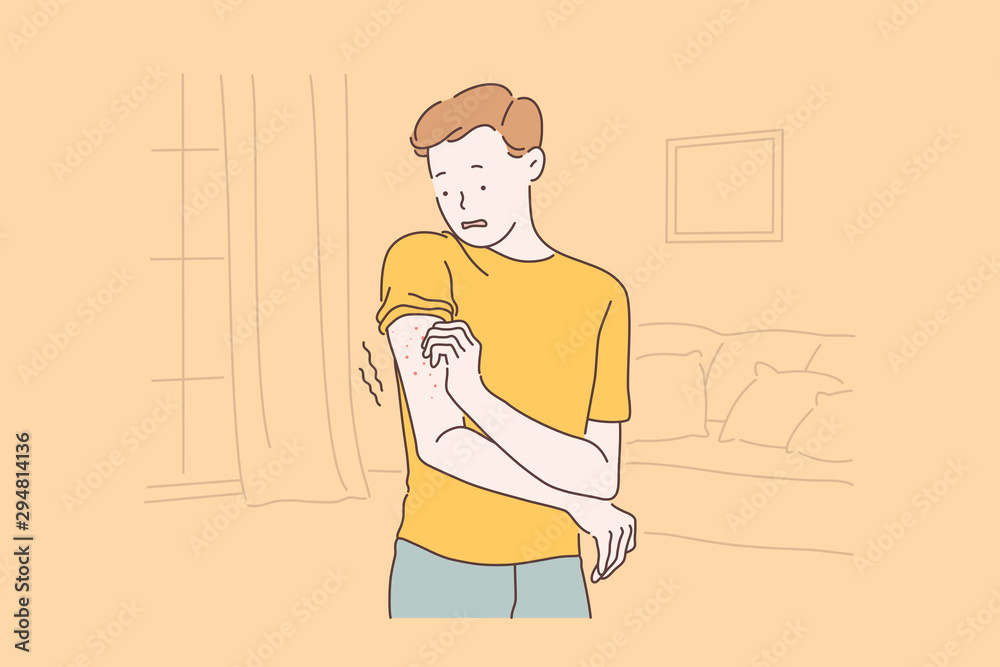 Plakat Patient allergic reaction, eczema symptoms concept. Man with ...