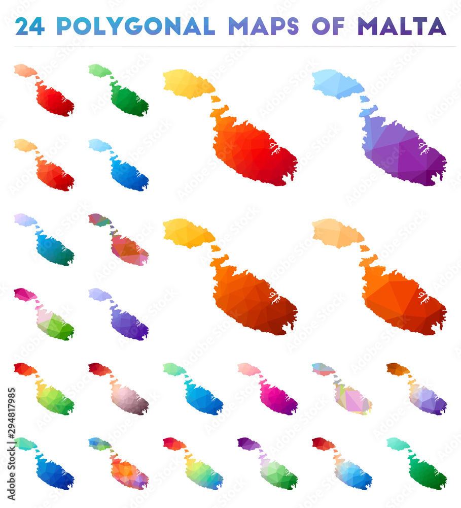 Set of vector polygonal maps of Malta. Bright gradient map of island in ...