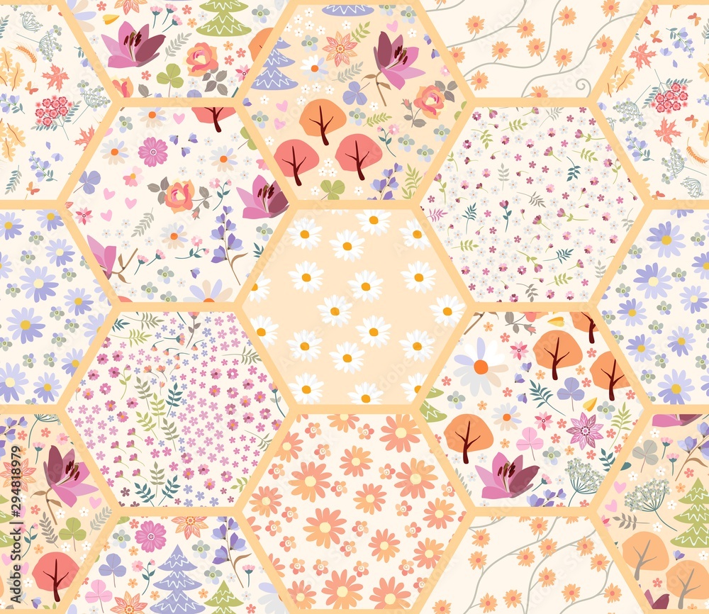 Patchwork seamless pattern from hexagon floral patches. Fairytale ...
