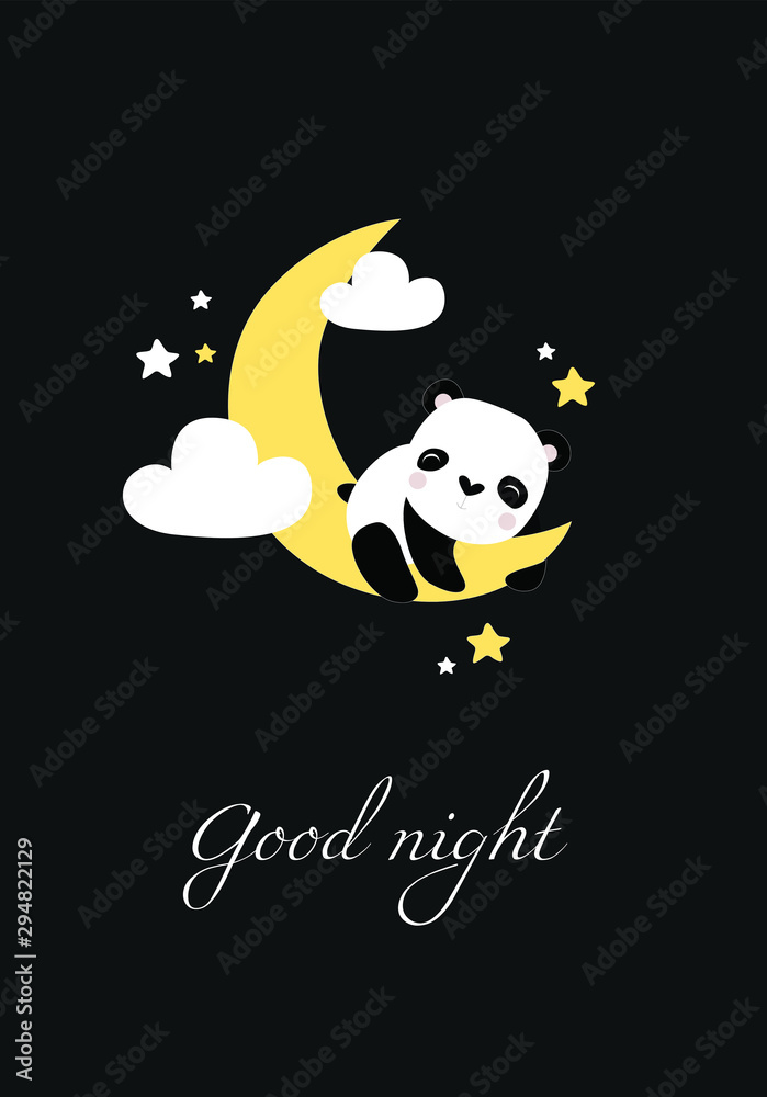 Vector poster "Good night" with a sleeping panda on the moon. cartoon ...
