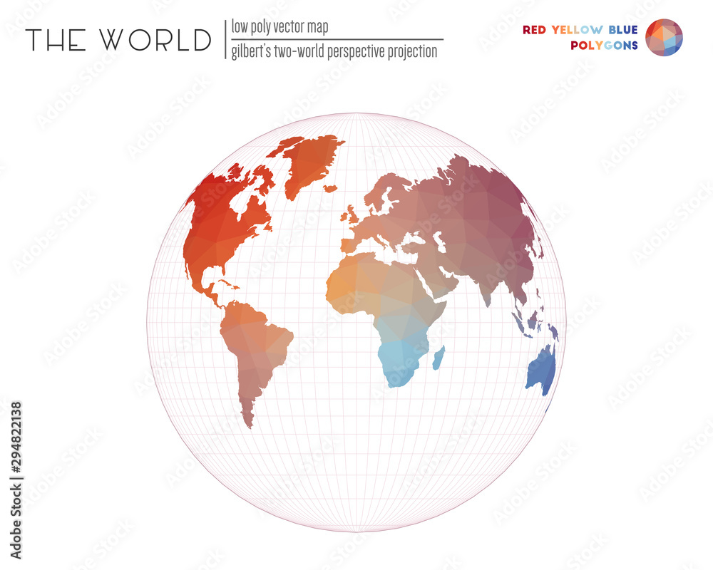 Low poly world map. Gilbert's two-world perspective projection of the ...