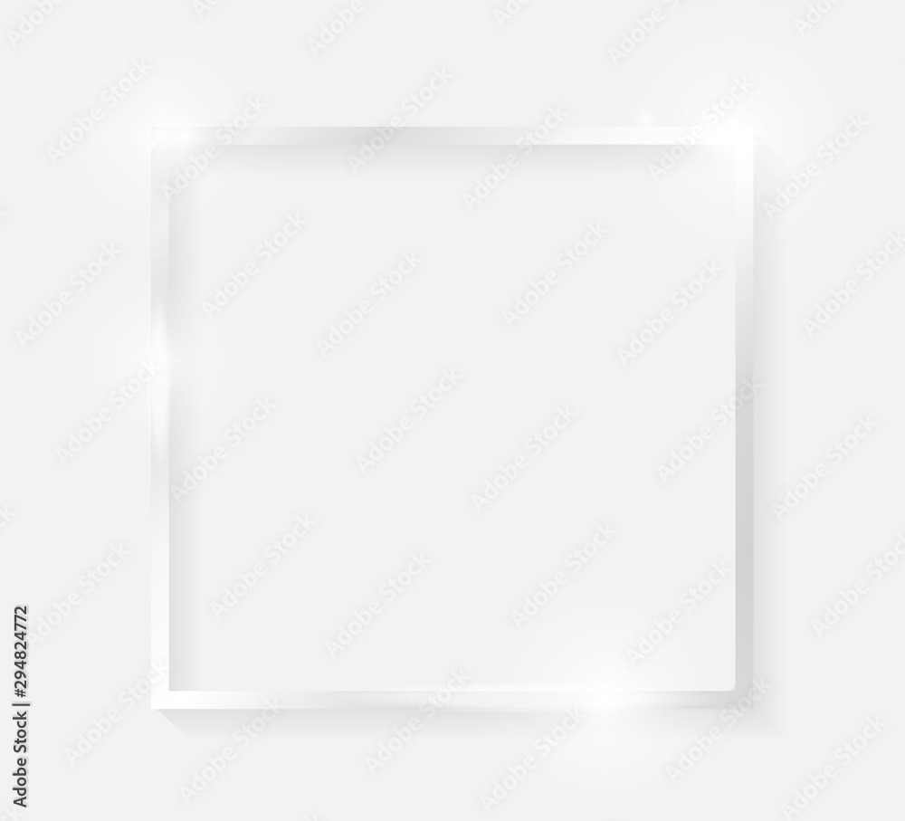Platinum shiny glowing vintage square frame with shadows isolated on white background. Silver ...