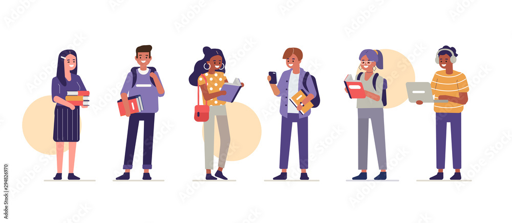 Students Group Holding Books and Gadgets. Diverse People Study Together ...