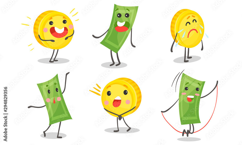 Animated Banknotes And Coins With Different Emotions Vector ...