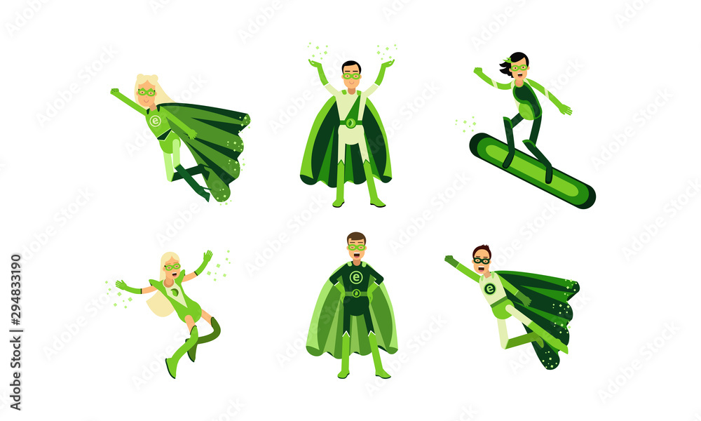 Vector Illustrations Of Men And Women In Green Superheroe Costumes With ...