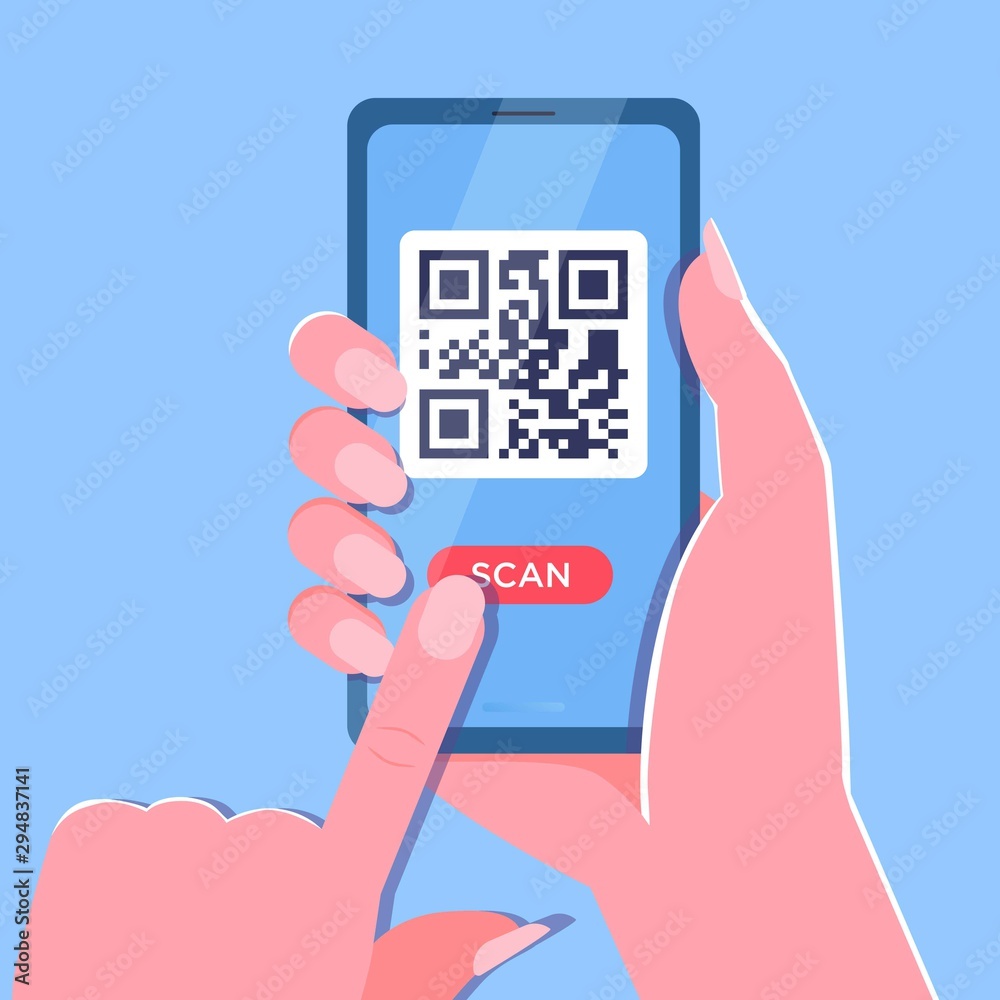 Hand holding smartphone, finger touch screen button scan. QR code ...