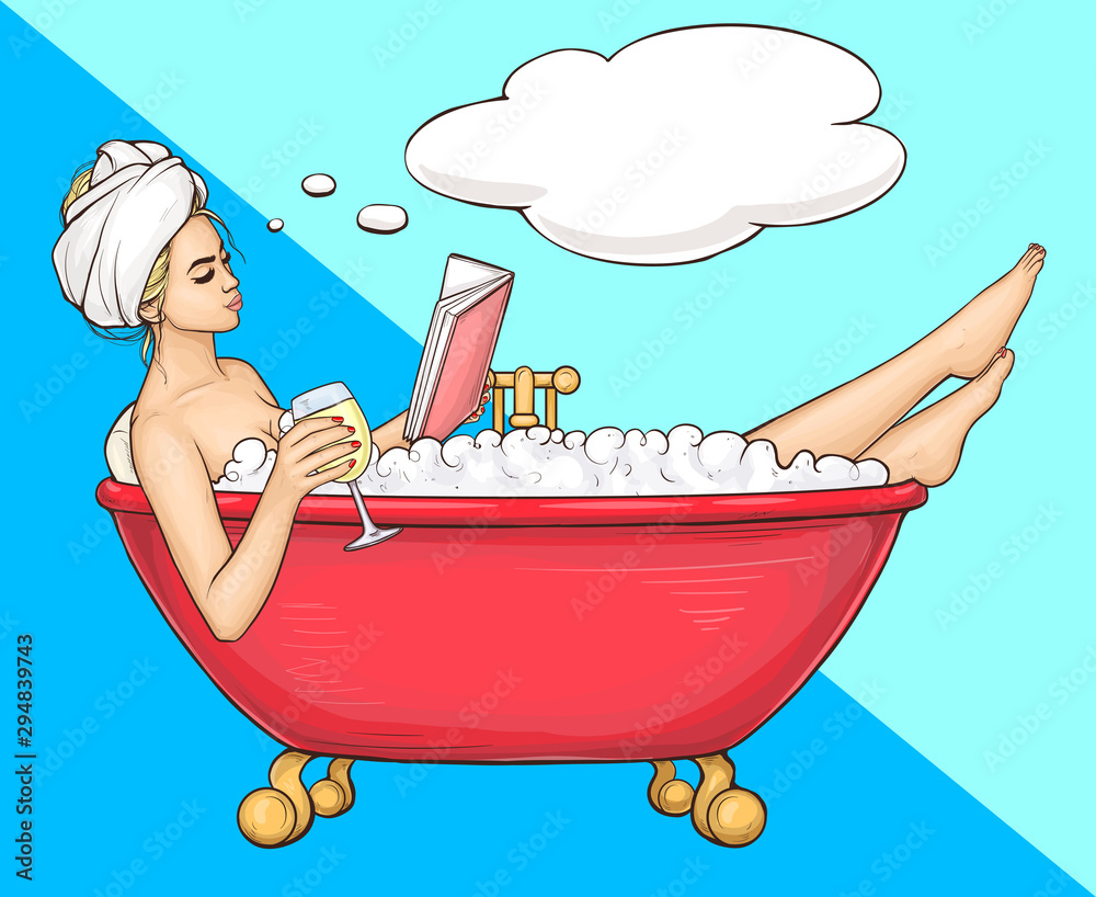 Woman Having Bath In Bathtub With Book Wine Glass And Speech Bubble