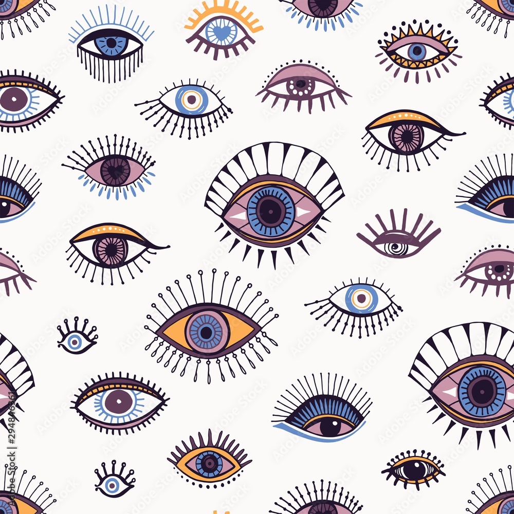 Eyes abstract pattern hand drawn, doodle print, design elements, ink ...