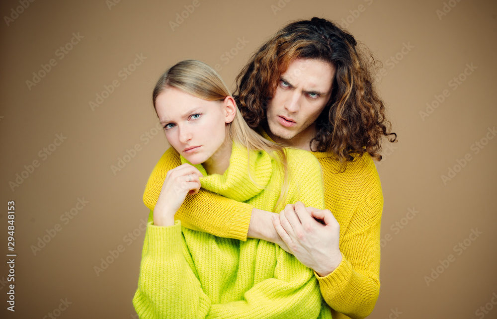 Dissatisfied of young couple hugging. Family conflict discord of two ...