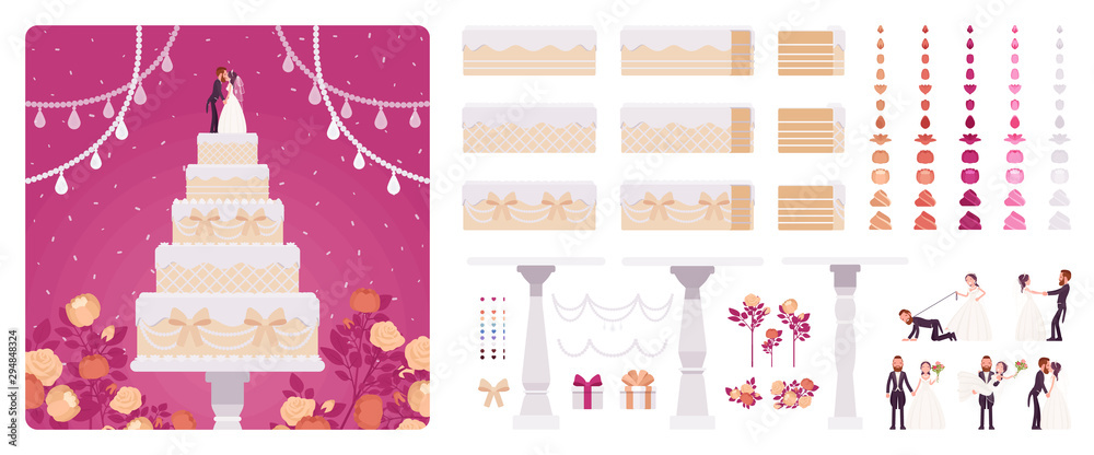 Wedding cake for ceremony, bride, groom figurines, cream, frosting ...