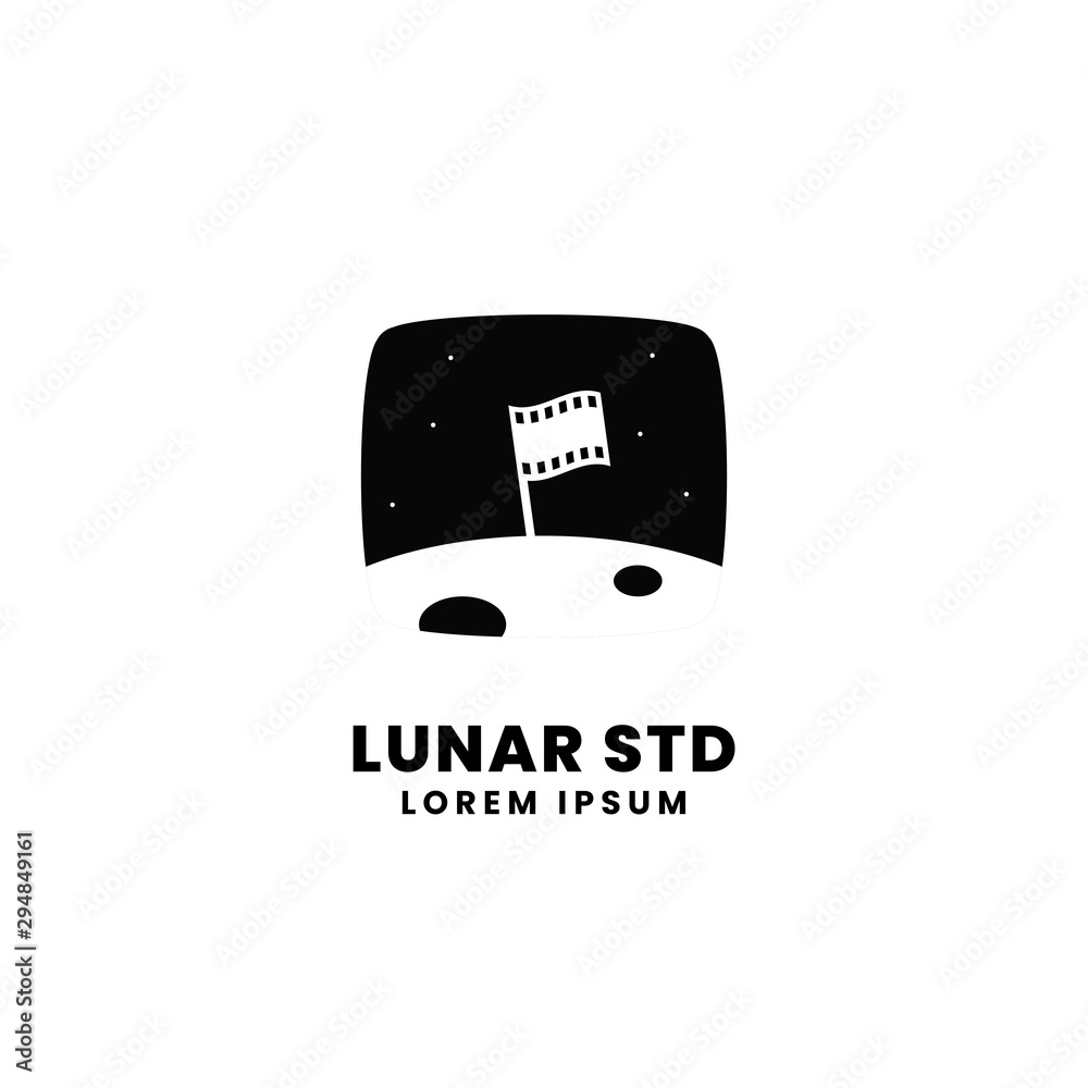 Film strip flag stand on the moon ground vector logo design with dark ...