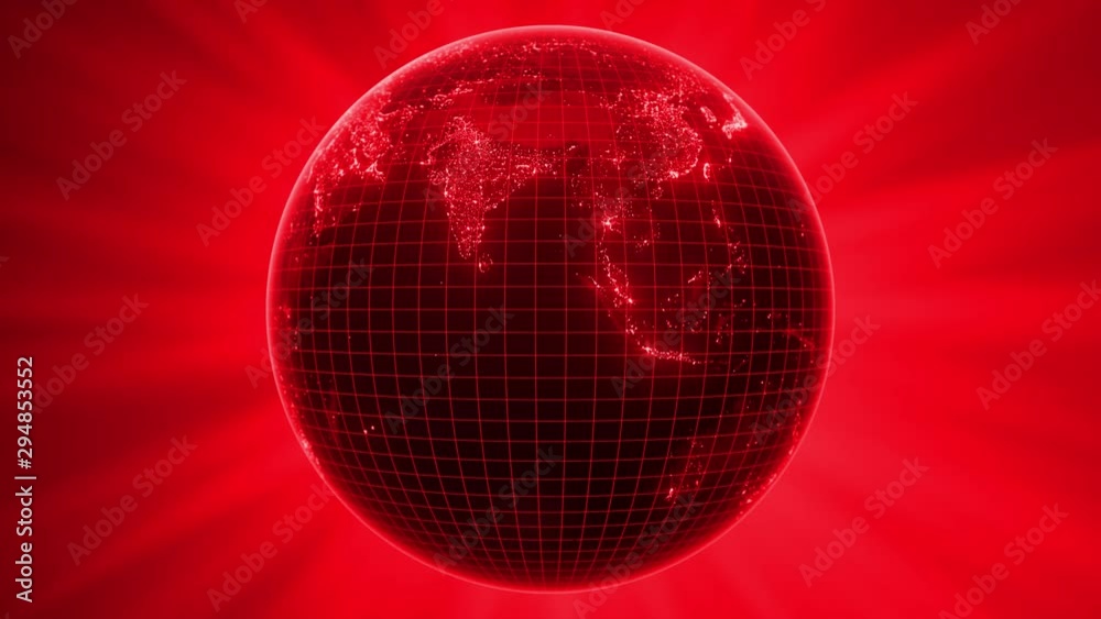 rotating red globe with glowing details of city and human population ...
