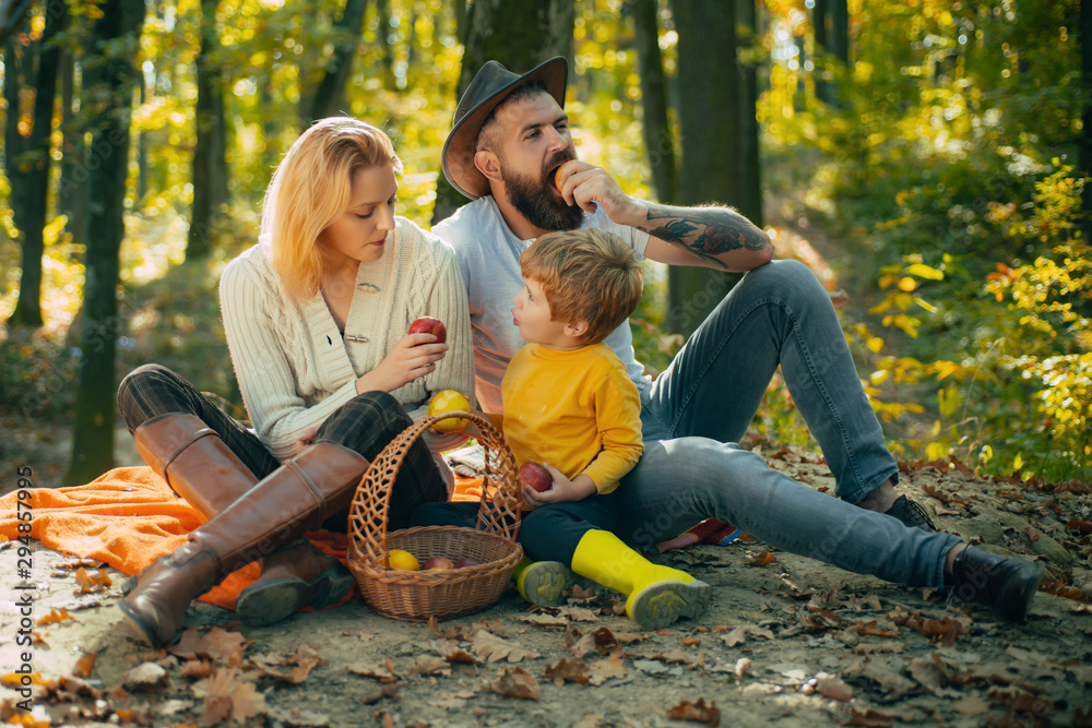 Family picnic. Lovely family on picnic feeds little son with apples ...