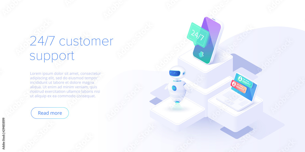 24/7 service concept or call center in isometric vector illustration ...