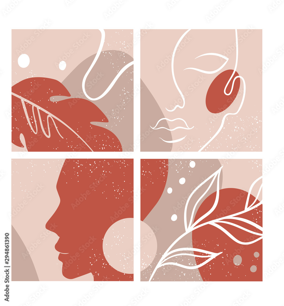 Abstract set with Woman face, silhouette, floral elements one line ...