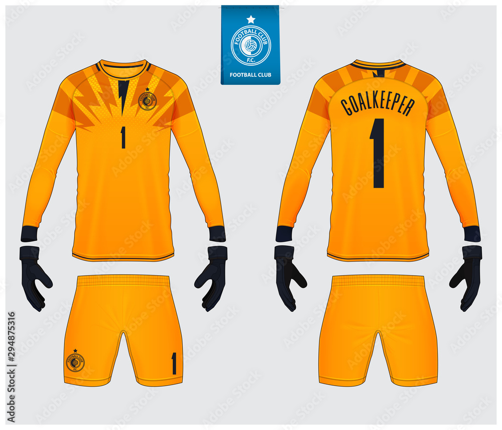 Goalkeeper jersey or soccer kit mockup. Goalkeeper glove and long ...
