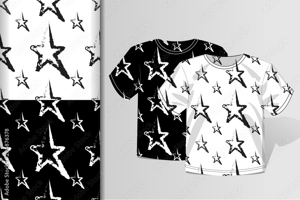 Two seamless patterns T-shirt and mock up with starlets Concept for ...