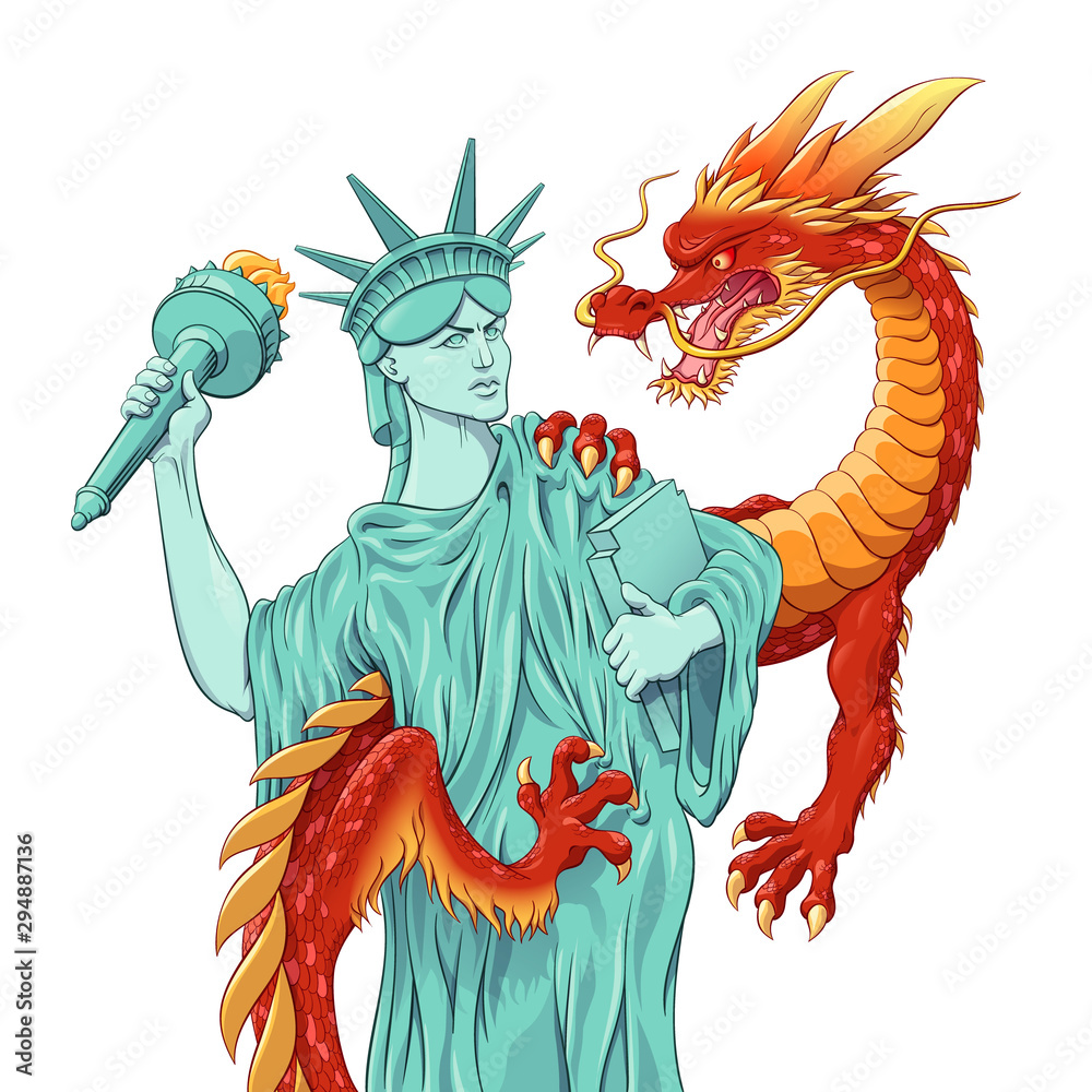 USA versus China trade war concept. Statue of Liberty and Chinese ...