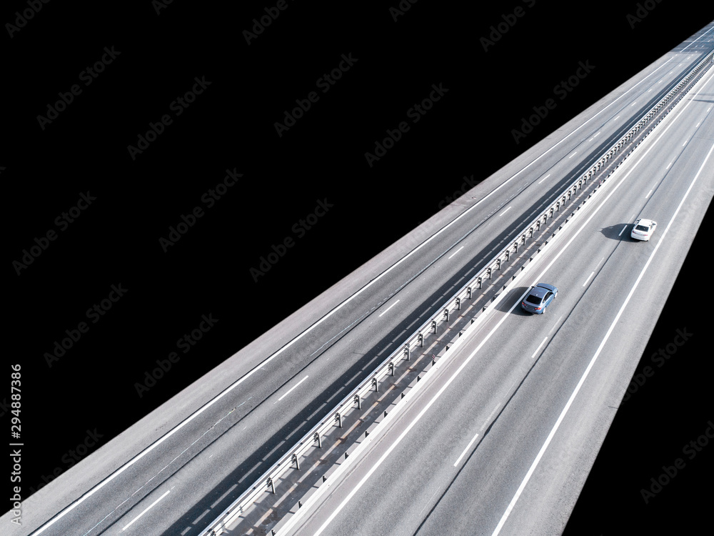 Aerial view of highway in city isolated on black background. Cars ...