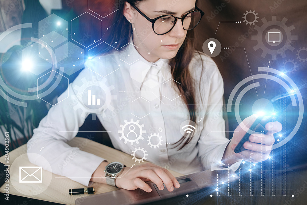 Woman in glasses using mobile smartphone with icon graphic cyber ...