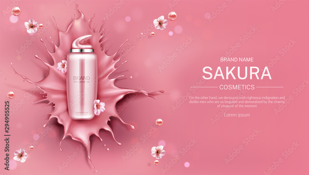Sakura cosmetics bottle mock up banner, beauty skin care cosmetic ...