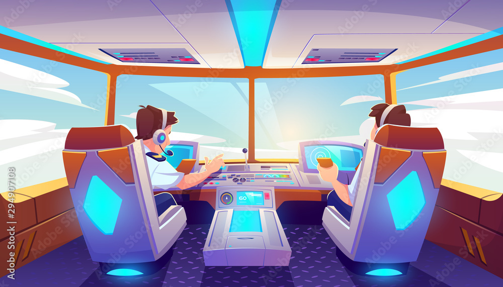 Pilots in airplane cockpit, jet cabin with control panel, plane ...