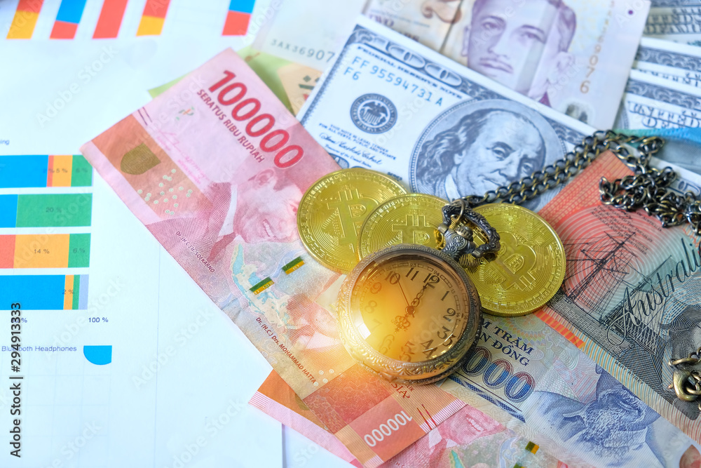 Business and Financial Concept. Multiple Currencies Banknote on graph ...