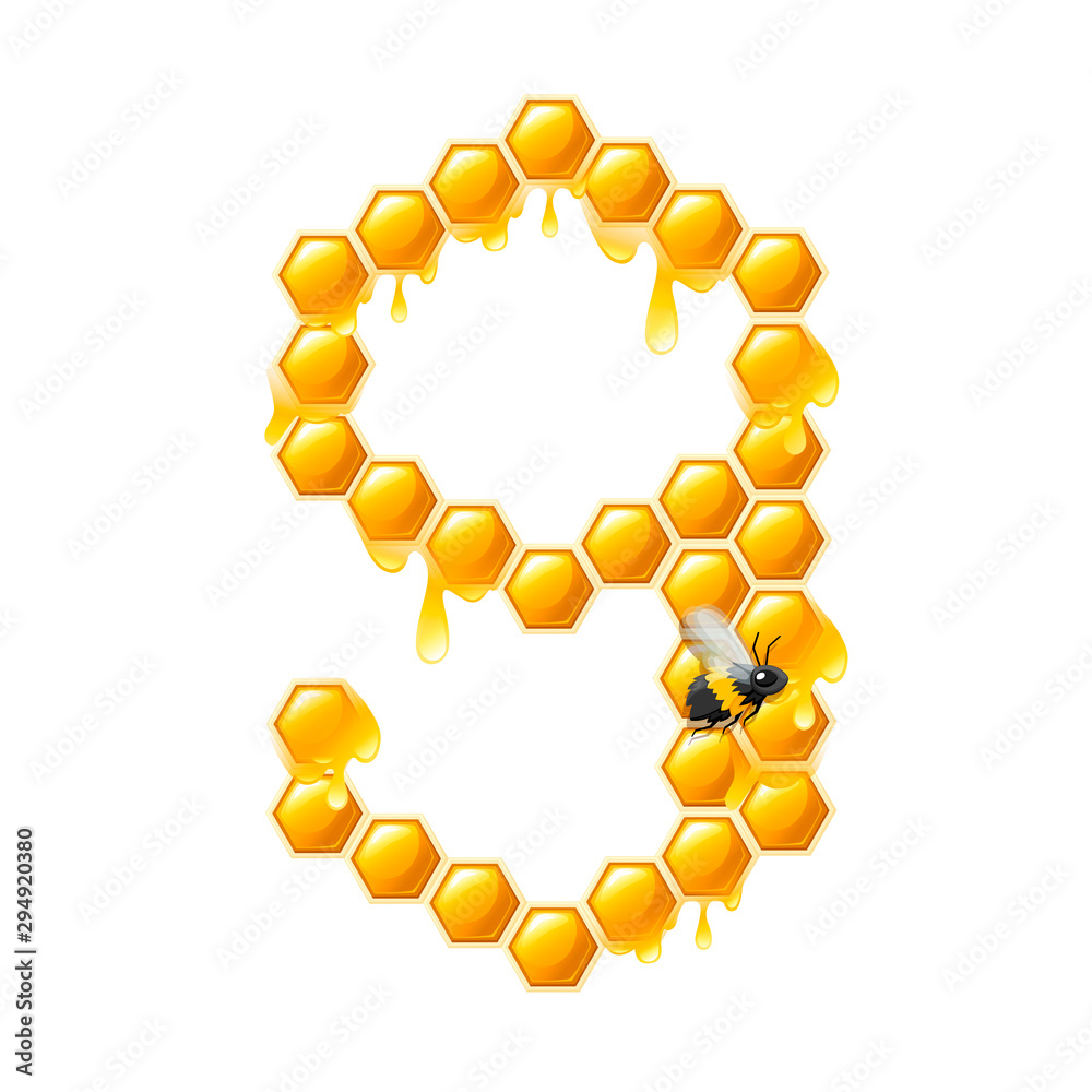 Honeycomb number 9 with honey drops and bee cartoon style food design ...