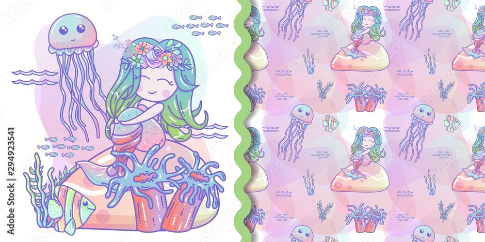 Cute mermaid with little fish vector illustration for kids fashion ...