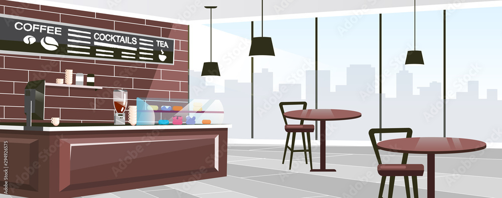 Urban cafe space flat vector illustration. Panoramic windows of modern ...