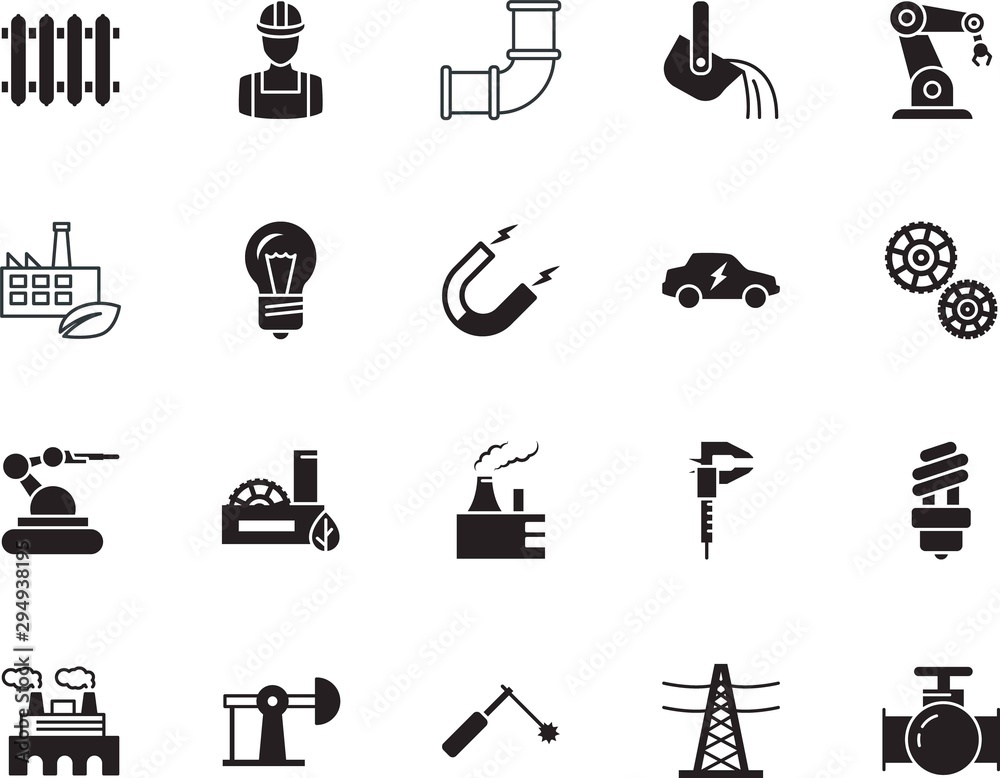 factory vector icon set such as: heater, rig, person, transformer, post ...