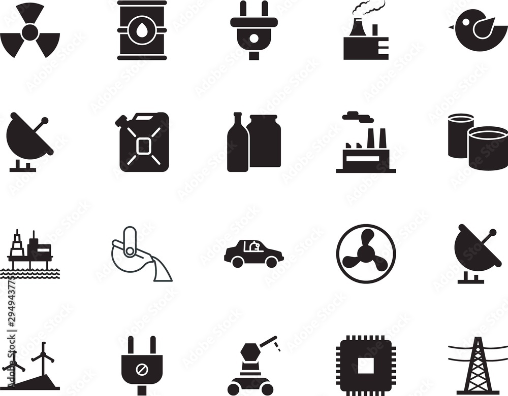 factory vector icon set such as: slag, reactor, glass, gallon, ecology ...