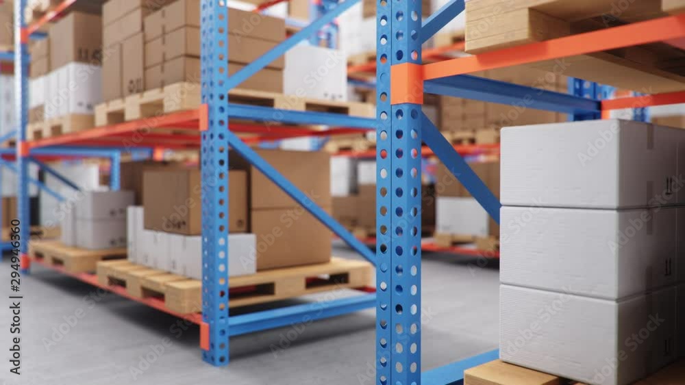 Warehouse with cardboard boxes inside on pallets racks, logistic center ...