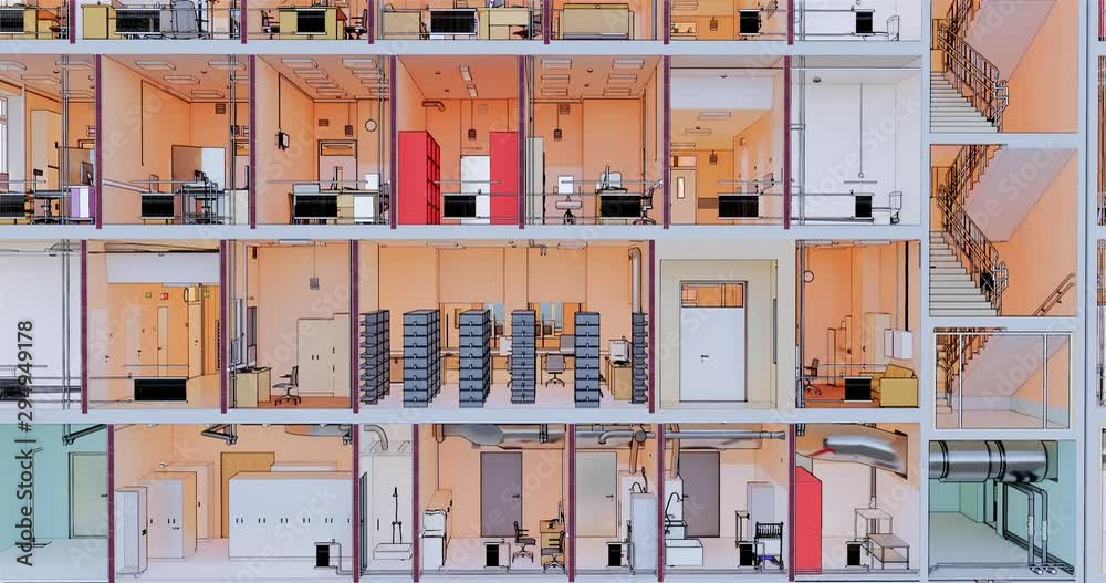 Section view visualization of the interior room space of building ...