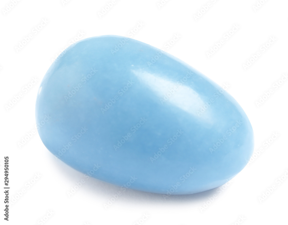 Beautiful light blue angelite gemstone on white background Stock Photo ...