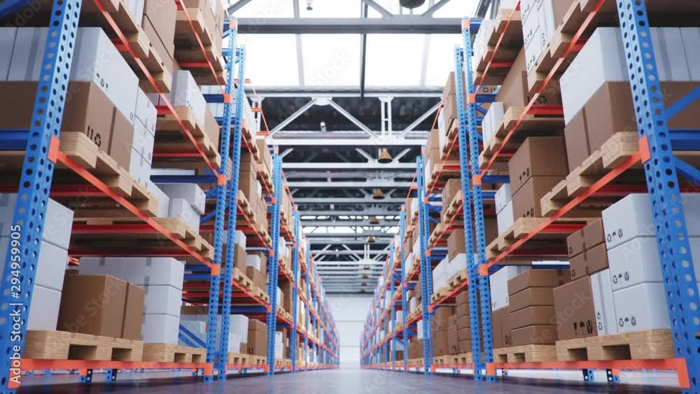Warehouse with cardboard boxes inside on pallets racks, logistic center ...