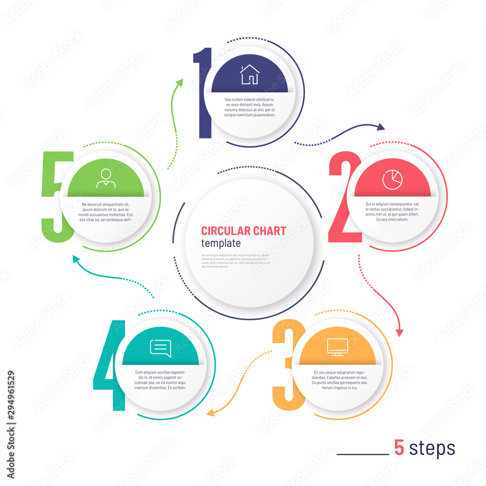 Vector infographic numbered process circular chart template. Five steps ...