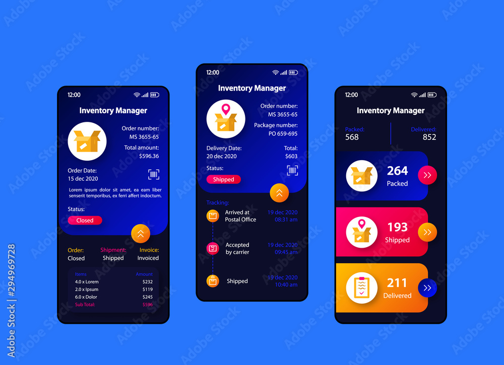 Inventory Manager Smartphone Interface Vector Template Set Mobile App
